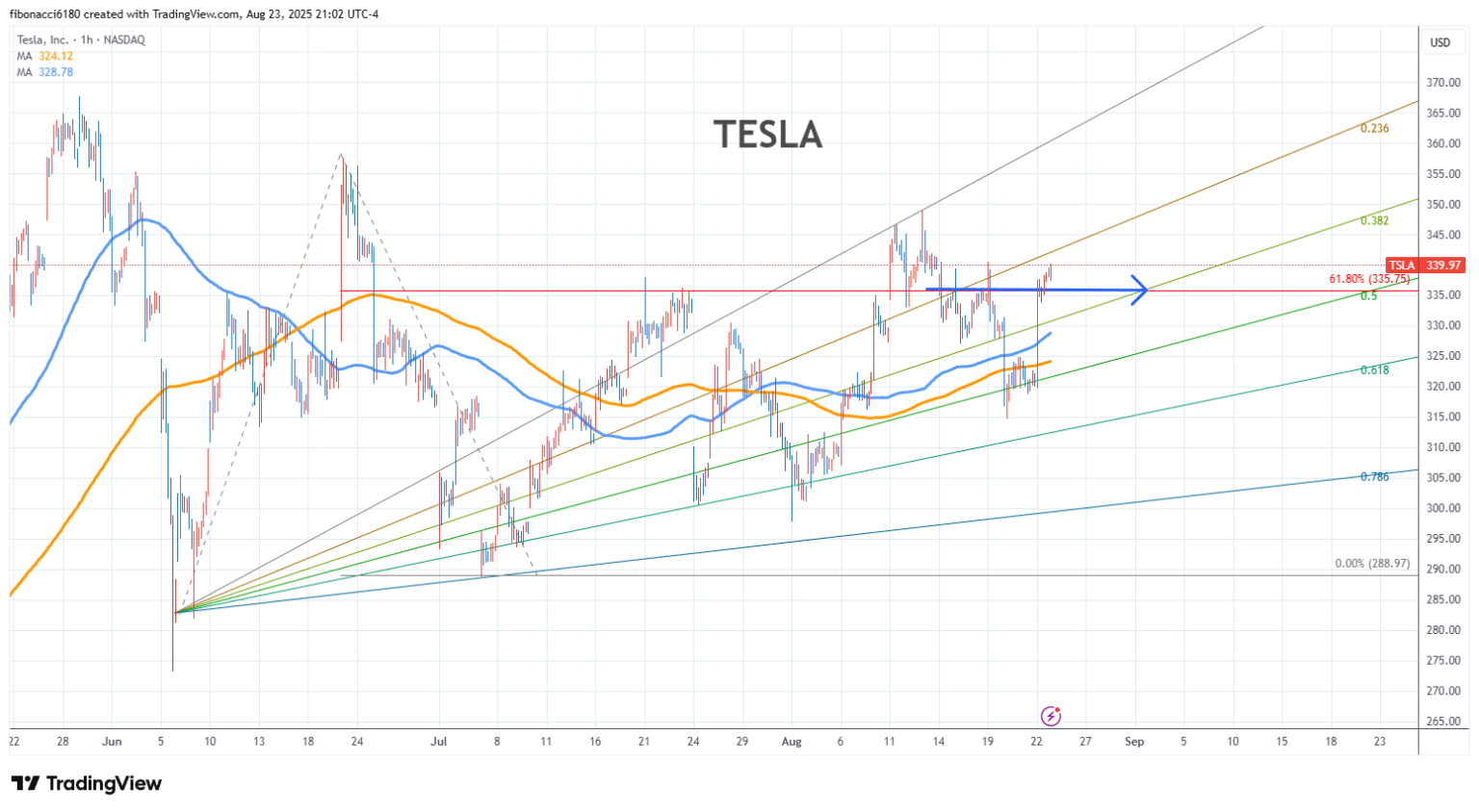 Tesla Stock Chart Fibonacci Analysis 082225 – fibonacci6180